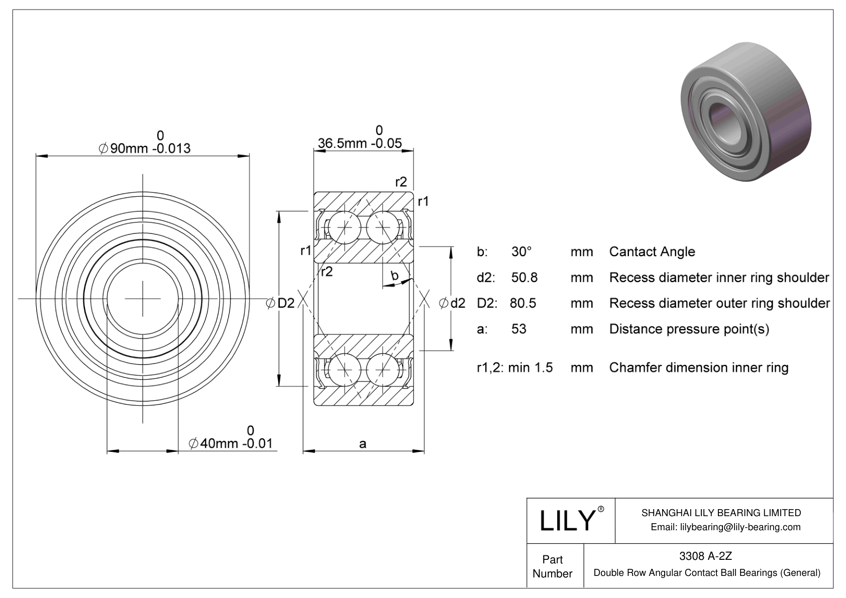 3308 A-2Z | Rodamientos de bolas de contacto angular de doble hilera (General) - SKF | LILY Bearing