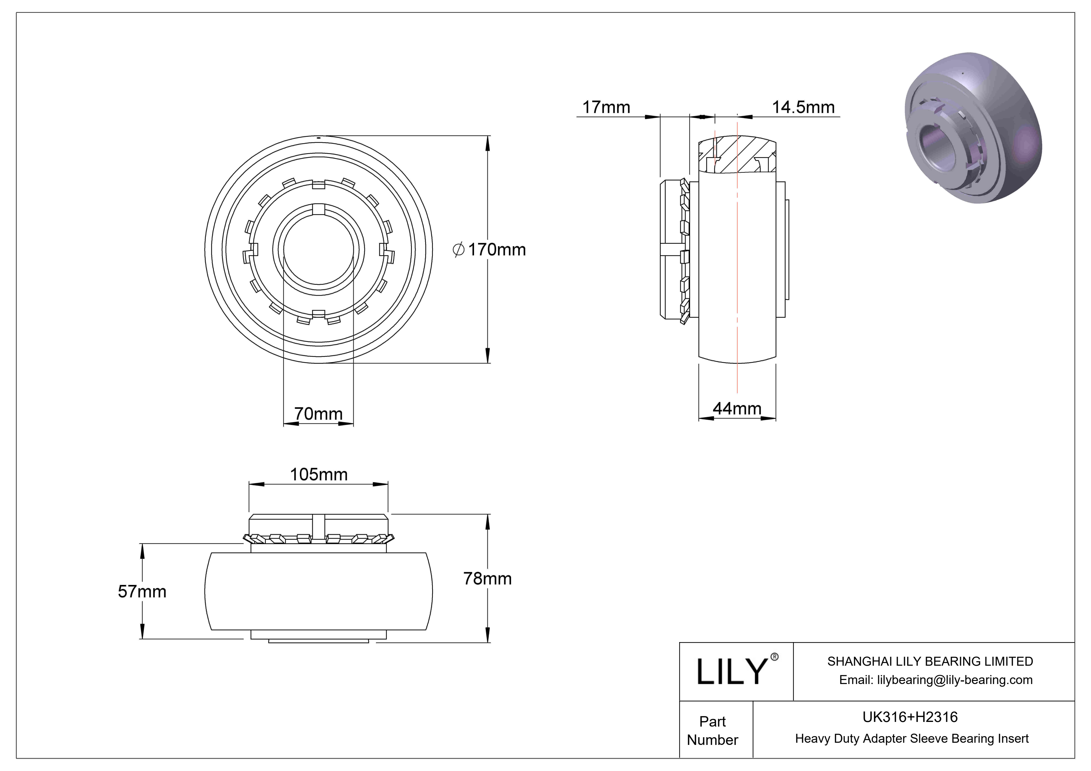 UK316+H2316 | Heavy Duty Adapter Sleeve Bearing Insert - AMI | LILY Bearing