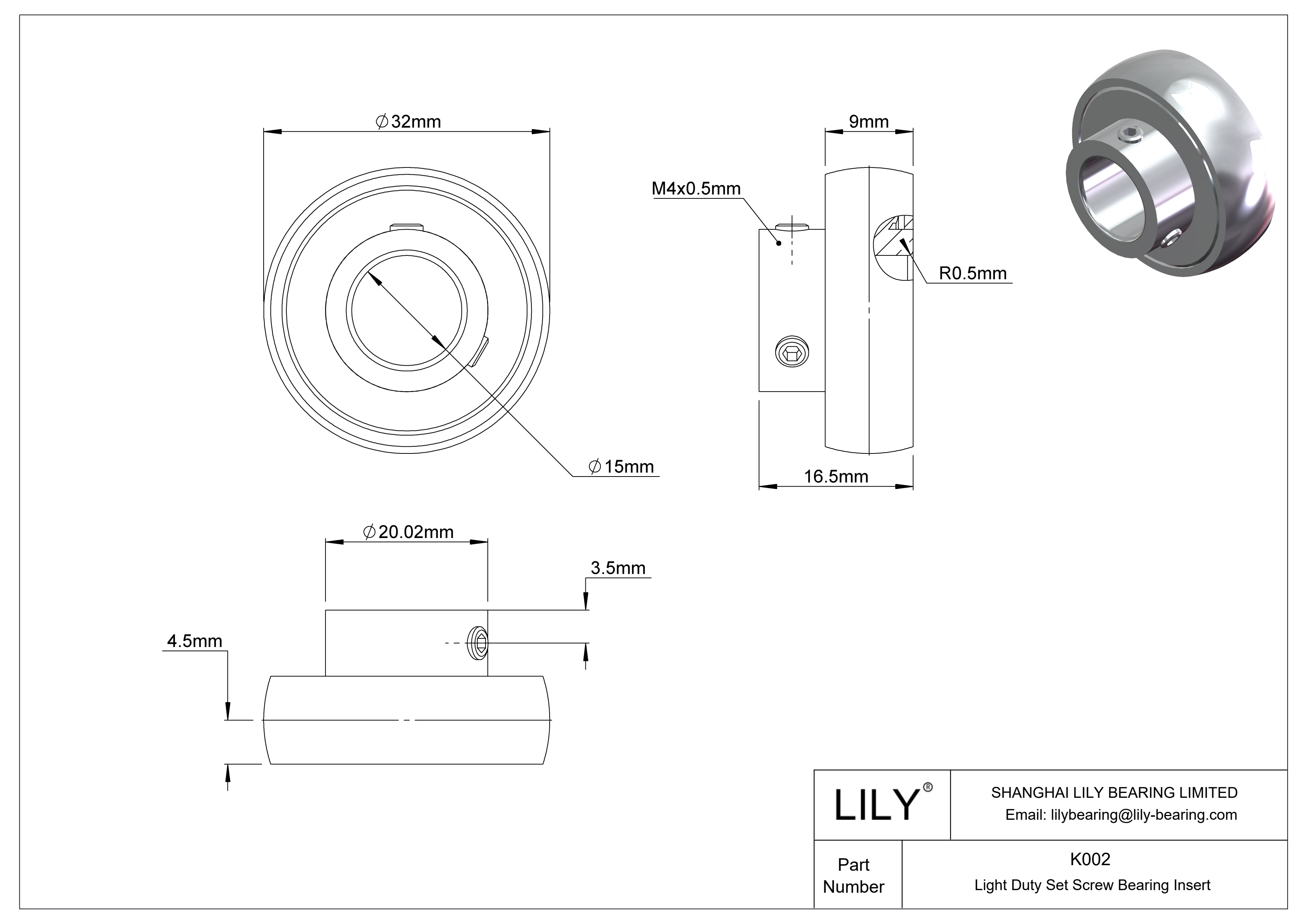 K002 | Light Duty Set Screw Bearing Insert - AMI | LILY Bearing