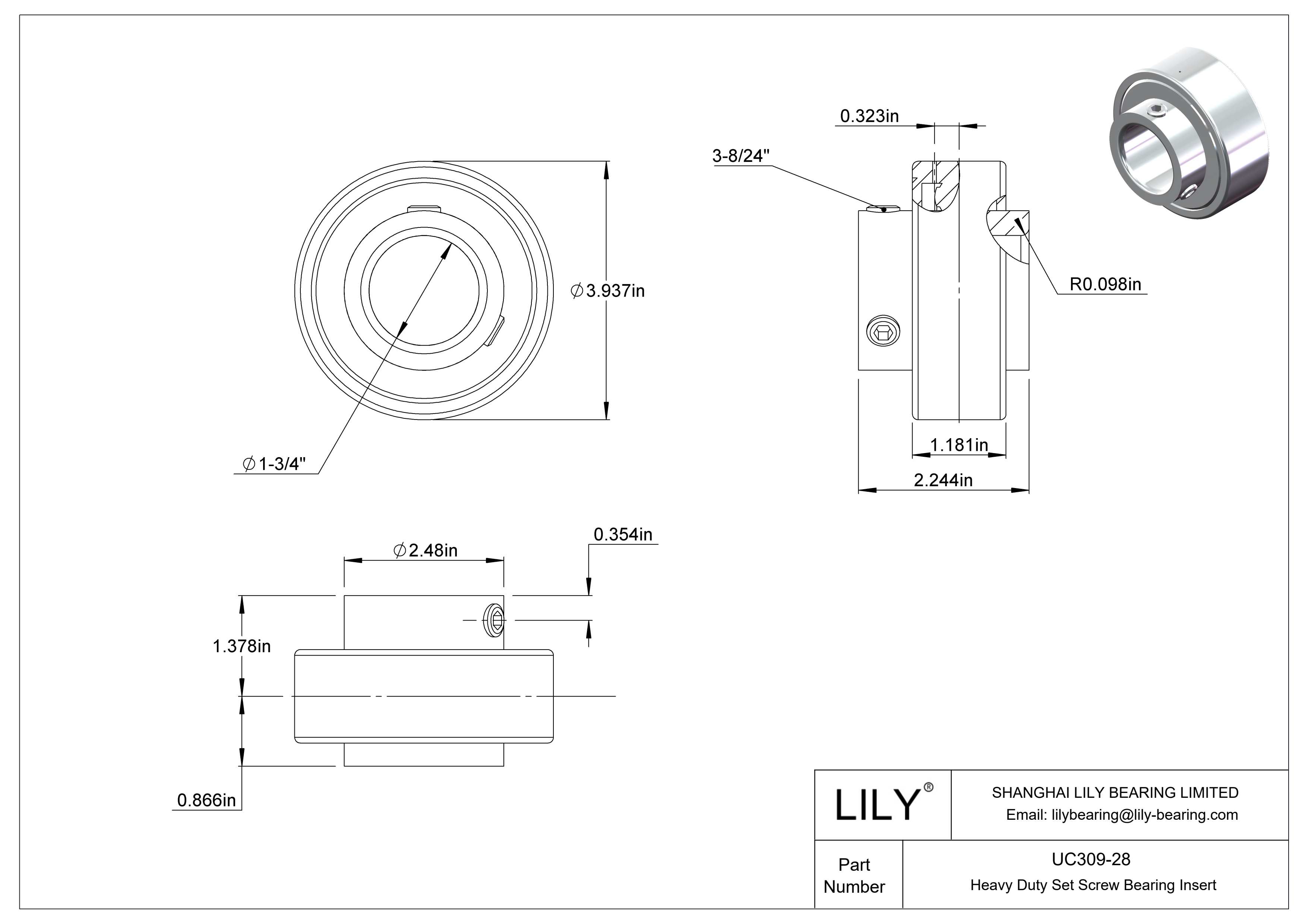 UC309-28 | Heavy Duty Set Screw Bearing Insert - AMI | LILY Bearing