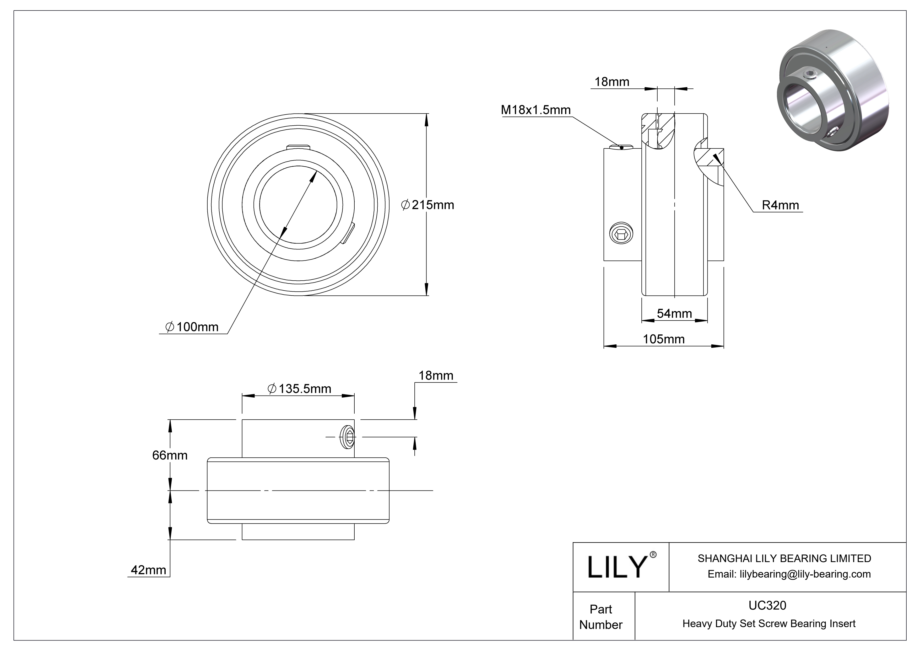 UC320 | Heavy Duty Set Screw Bearing Insert - AMI | LILY Bearing